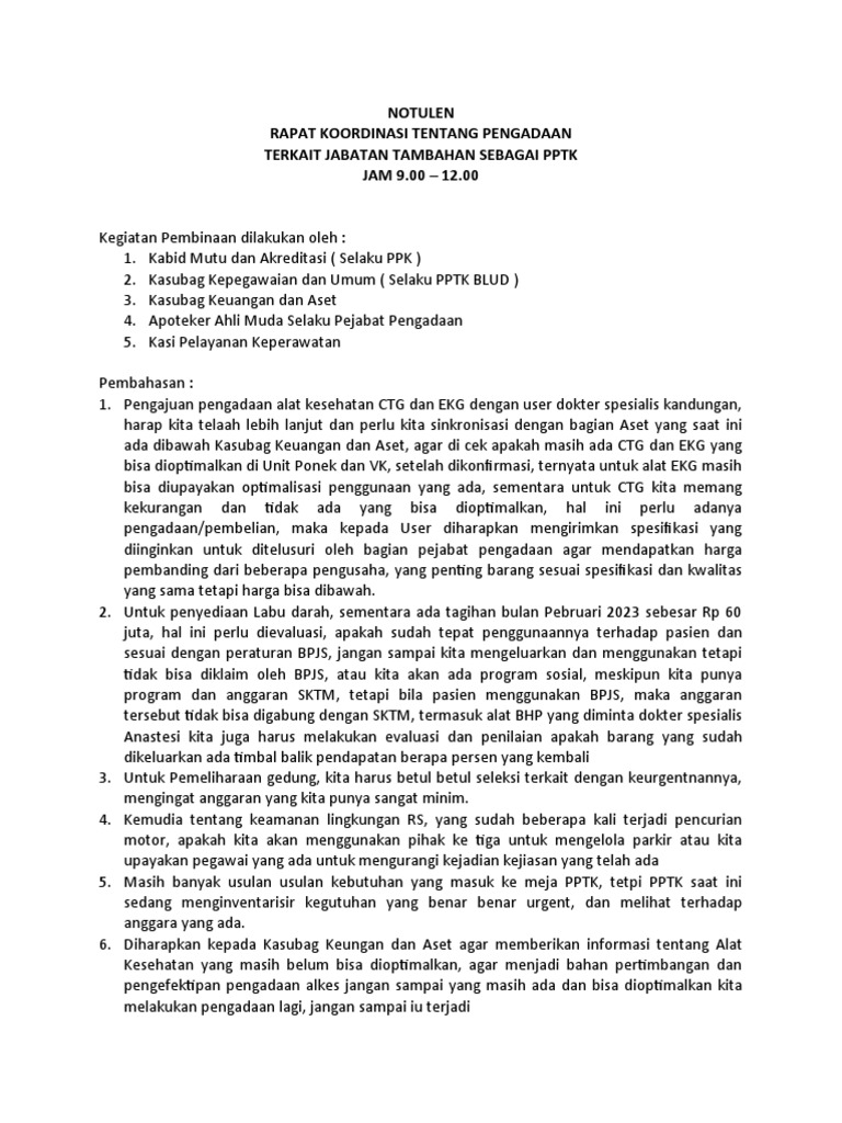 20-03-2023 Notulen Rapat Koordinasi PPTK, PPK, PP Dan Kasubag Keuangan Dan Aset | PDF | Bisnis