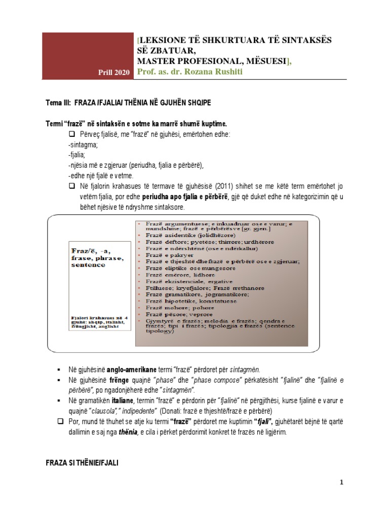 Fjalia Si Frazë Apo Thenie Prill 2020-Tema III | PDF