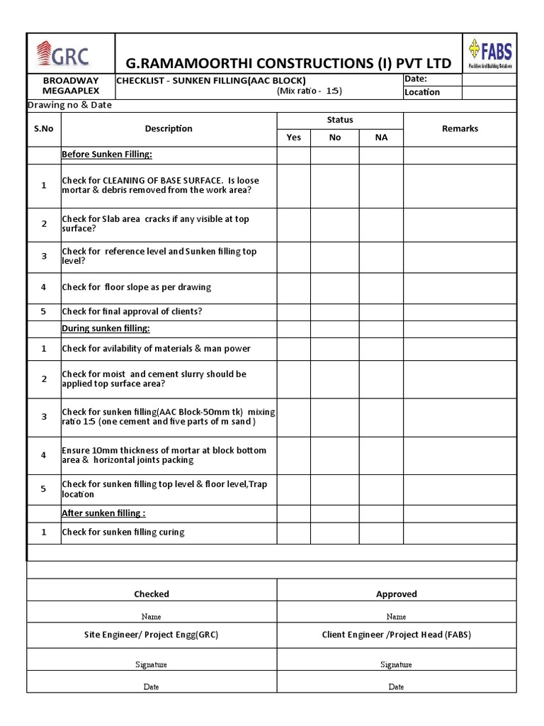Checklist for Sunken Slab Filling | PDF