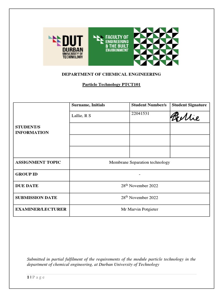 R S Lallie. Particle Tech Assignment | PDF | Membrane | Membrane Technology