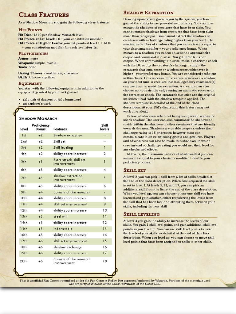New 5e Class - Shadow Monarch (Based Off of Sung Jin-Woo From Solo Leveling) - GM Binder | PDF ...