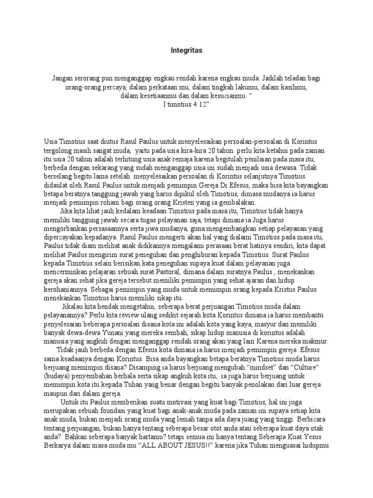 Teladan Integritas Anak Muda Kristen | PDF