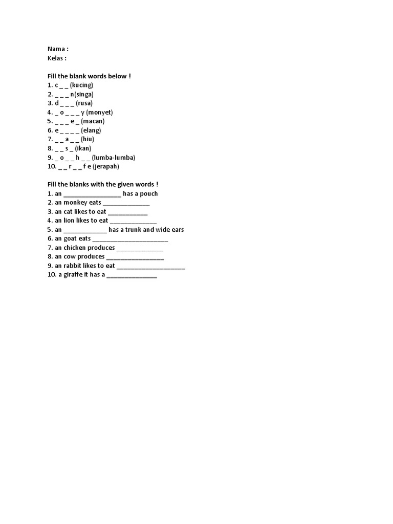 Animal Vocabulary Fill-in Exercise | PDF | Language Arts & Discipline