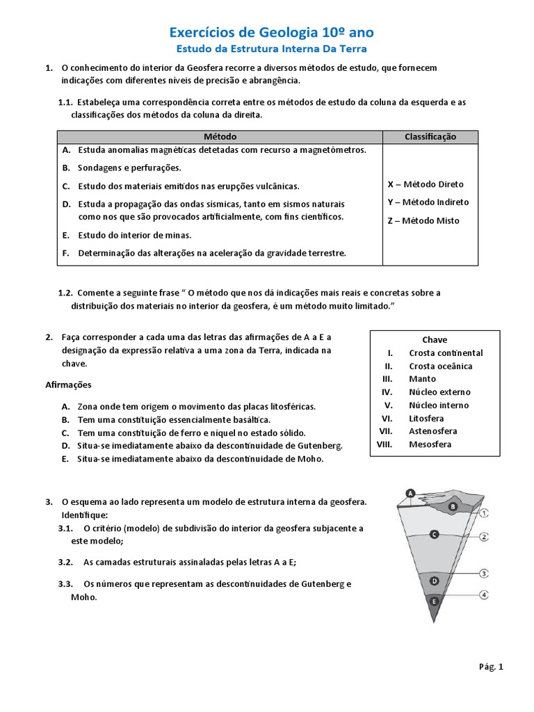 Exercícios de Geologia 10º Ano - Estudo Da Estrutura Interna Da Terra | Download grátis PDF ...