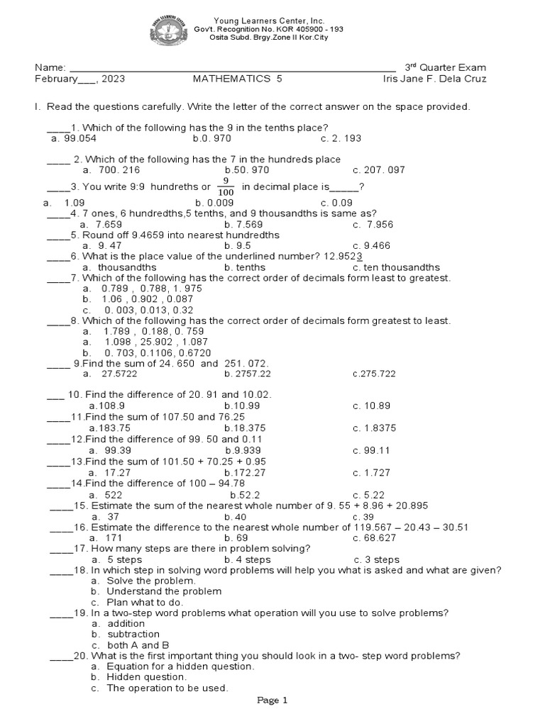 Grade 5 Math Exam | PDF | Numbers | Mathematical Concepts