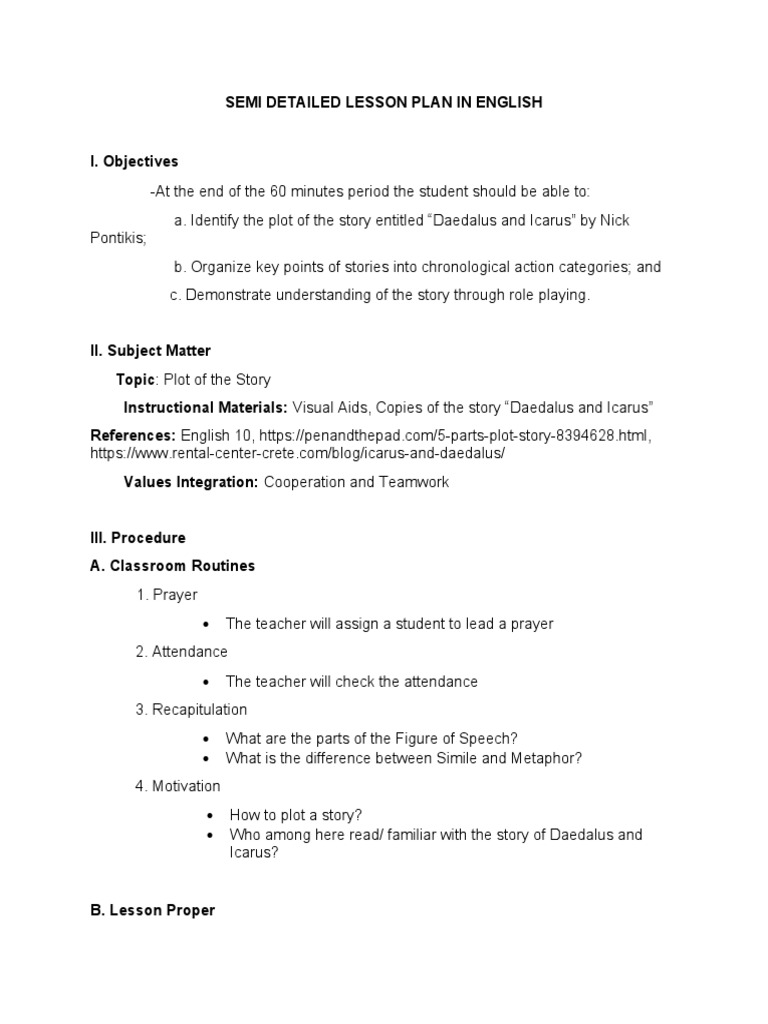 SEMI DETAILED LESSON PLAN For Demo. Final | PDF | Plot (Narrative ...