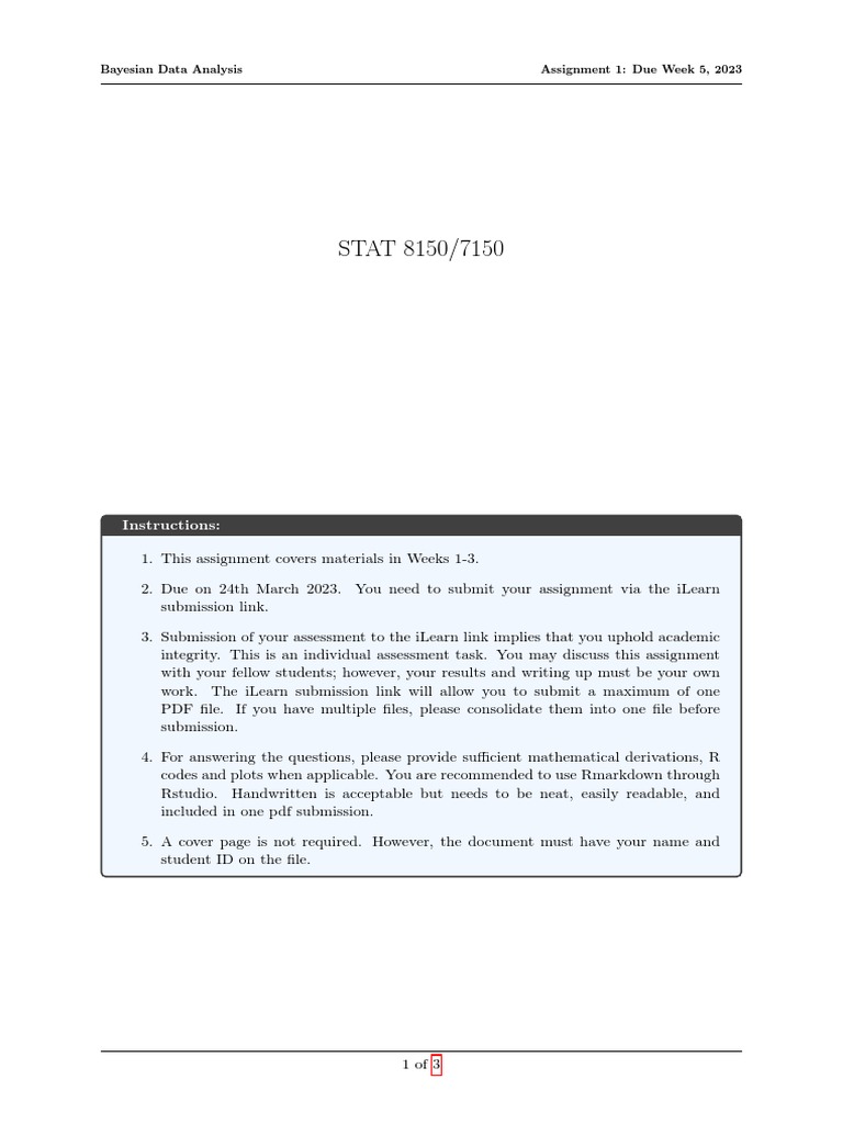 STAT8150 7150assignment1 | PDF | Probability | Applied Mathematics