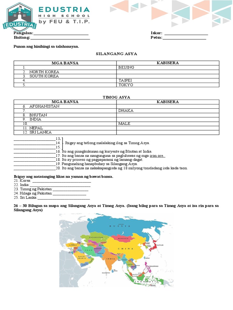 QUIZ Timog at SIlangang ASYA | PDF