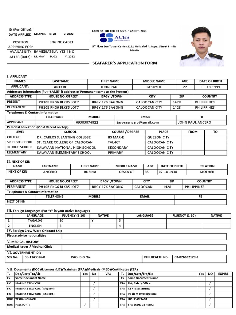 Seafarer'S Application Form: Present Permanent | PDF | Oil Tanker