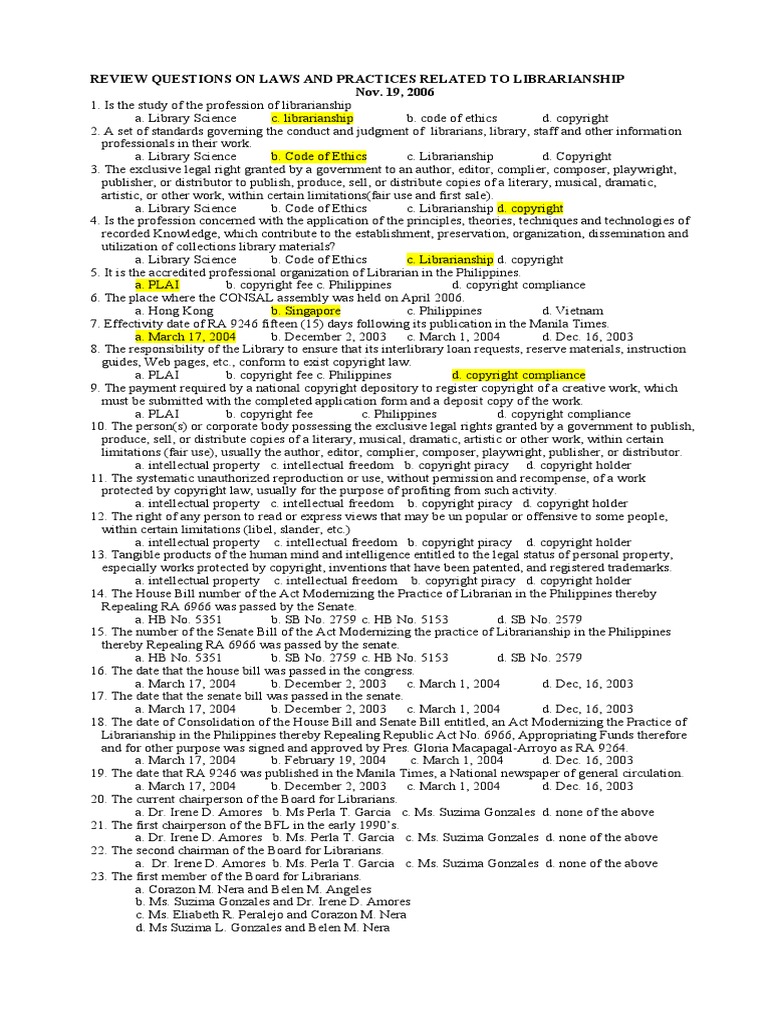 7 Pages Exams Library Laws & Practices | PDF | Library Science | Copyright