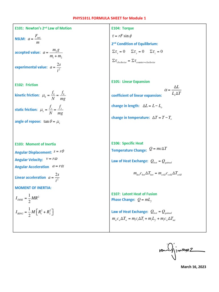 PHYS101L FORMULA SHEET For Module 1 | PDF