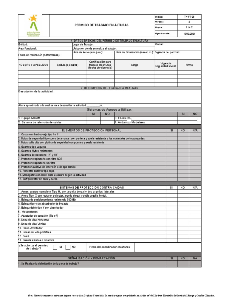 TH-FT-28 Formato Permiso de Trabajo en Alturas V2 | PDF | Andamio | Bienes manufacturados