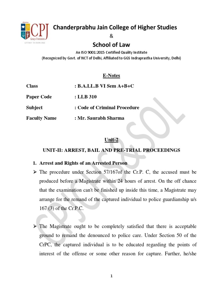 Unit-2 Code of Criminal Procedure E-Notes - LLB 310 | PDF | Bail ...