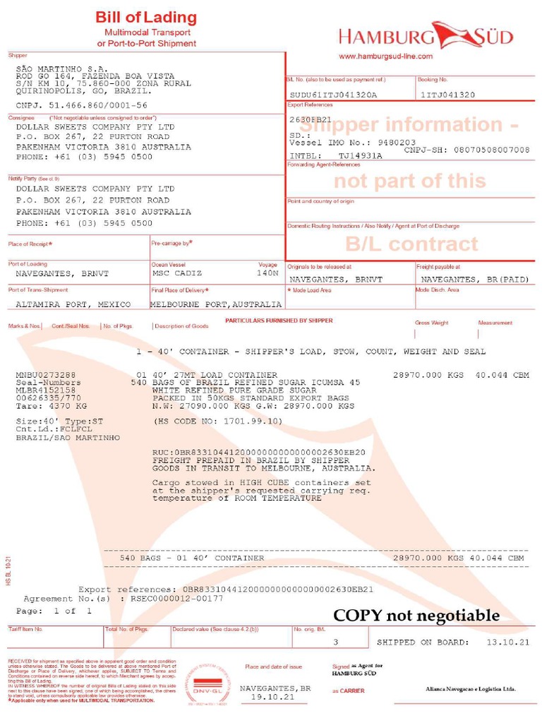 Hamburg-Sud-Bill-Of-Lading - Sudu61itj041320a | PDF