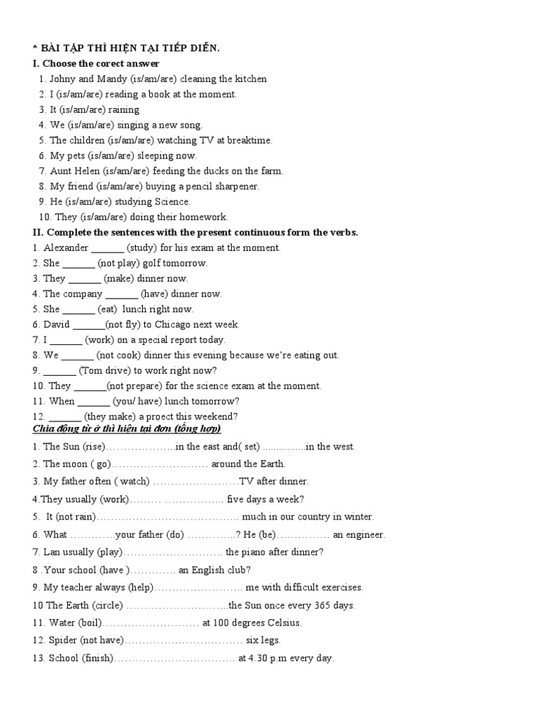 Present Continuous Exercises for THCS | PDF | Hobbies | French Fries