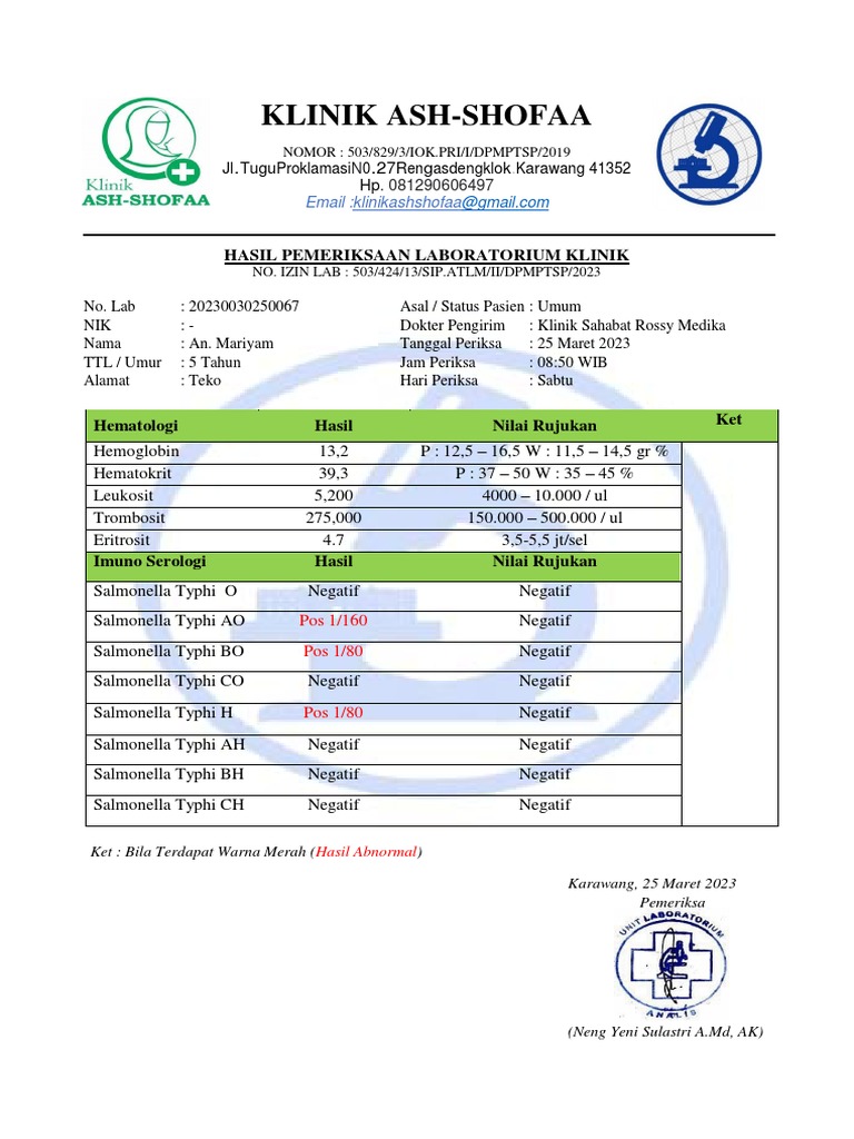 Hasil Lab Klinik Ash-Shofaa: Pemeriksaan Hematologi dan Imuno Serologi ...
