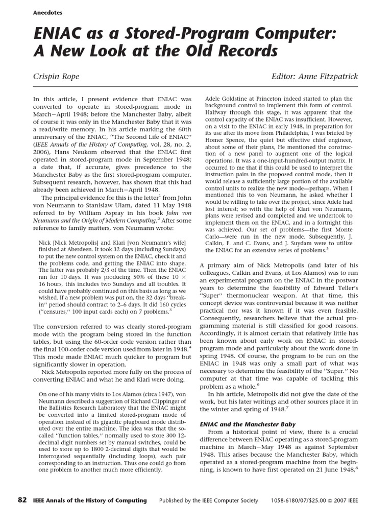 ENIAC As A Stored-Program Computer - A New Look at The Old Records PDF ...