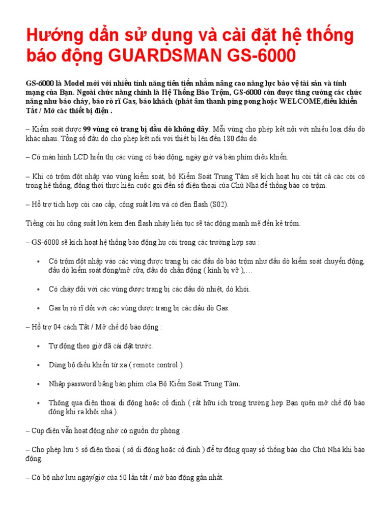 Hướng dẩn sử dụng bộ báo động GUARDSMAN GS6000 | PDF