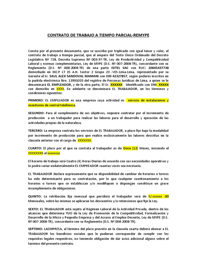Contrato de Trabajo - Part Time | PDF | Derecho laboral | Justicia