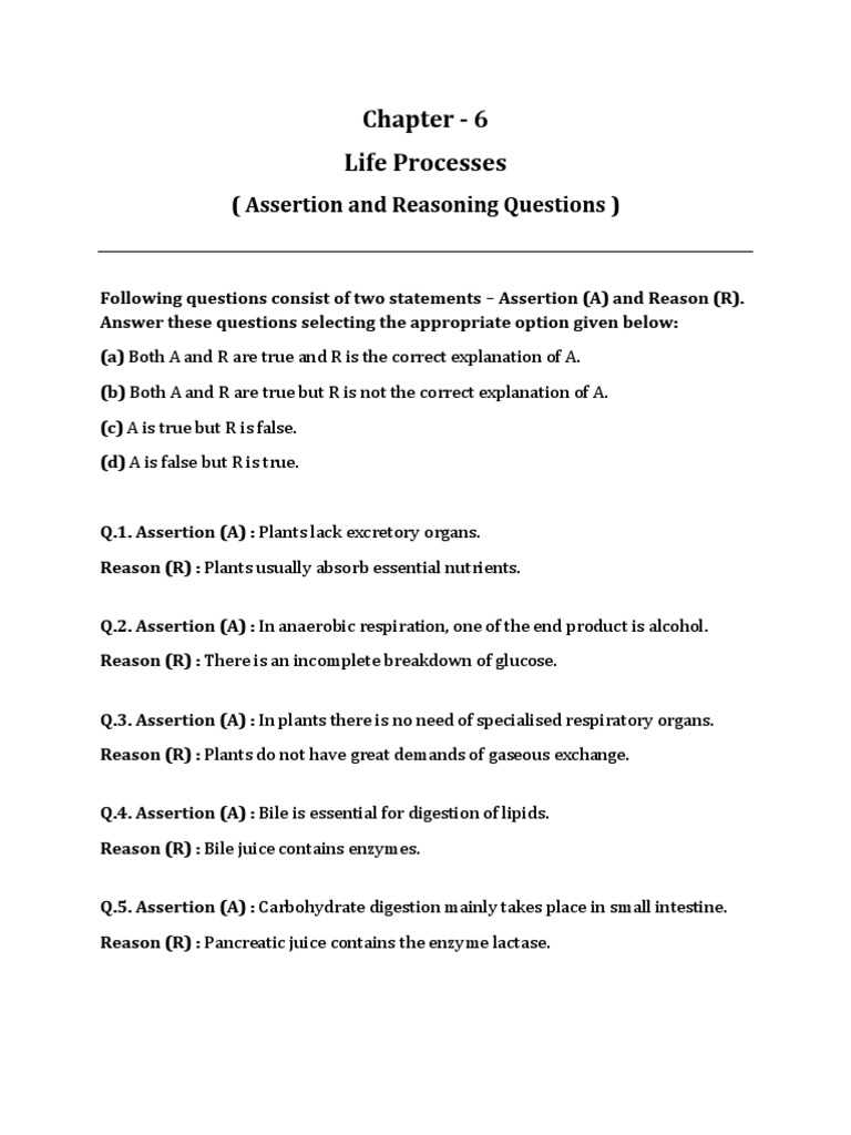 Grade 10 CH 6 Assertion Reason Questions | PDF | Anatomy | Physiology