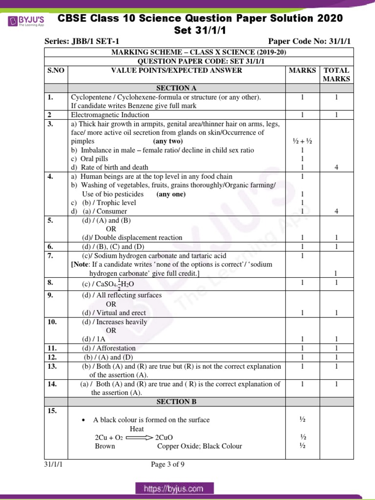 Class 10 Science 2020 Exam Solutions | PDF