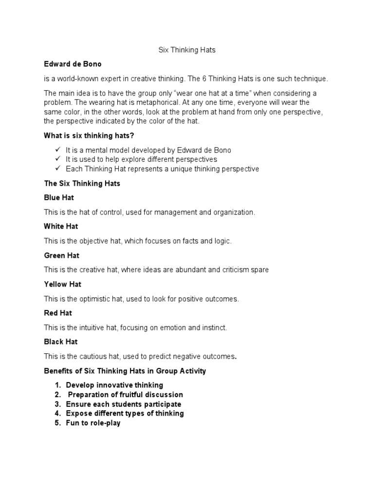 Six Thinking Hats by Edward de Bono | PDF