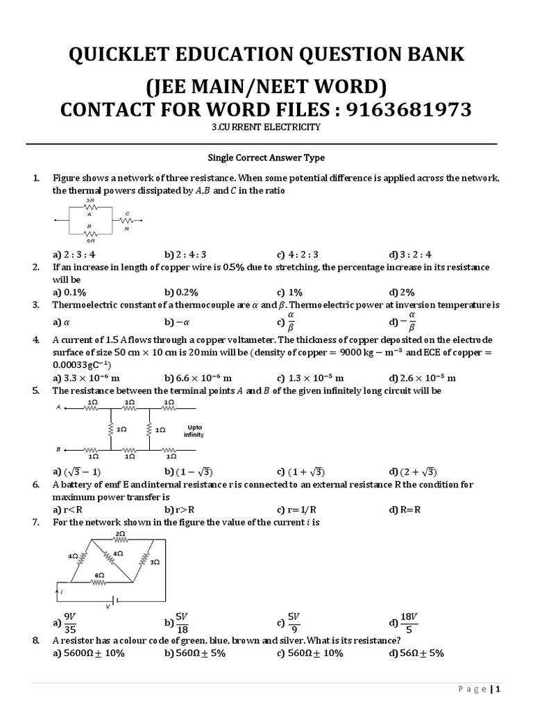 Jee & Neet-Current Electricity Question Bank | PDF | Series And ...