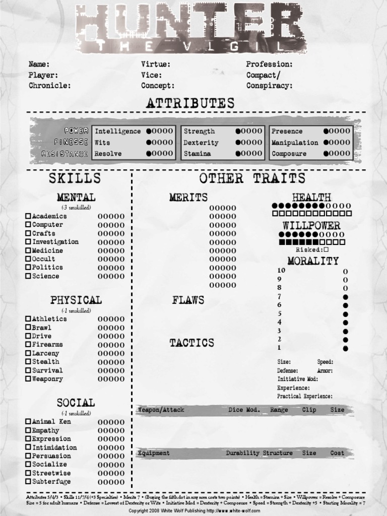 Hunter The Vigil - Ficha Editável | PDF | Cognitive Science | Psychology