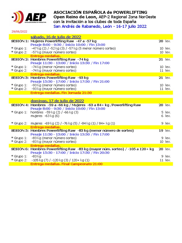 Horario AEP-2 Open Reino Leon SARabanedo 2022-06-29 PDF | PDF