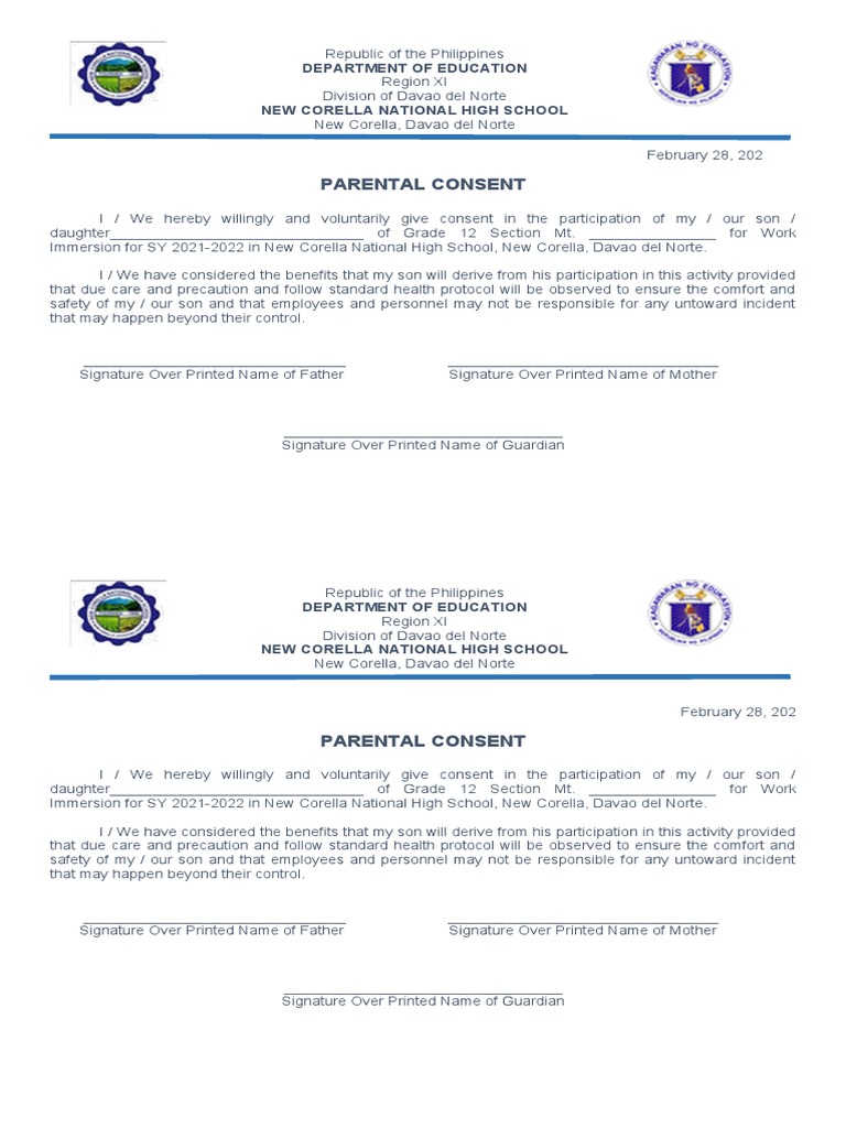 Parental Consent For Work Immersion 2021 2022 | PDF | Safety