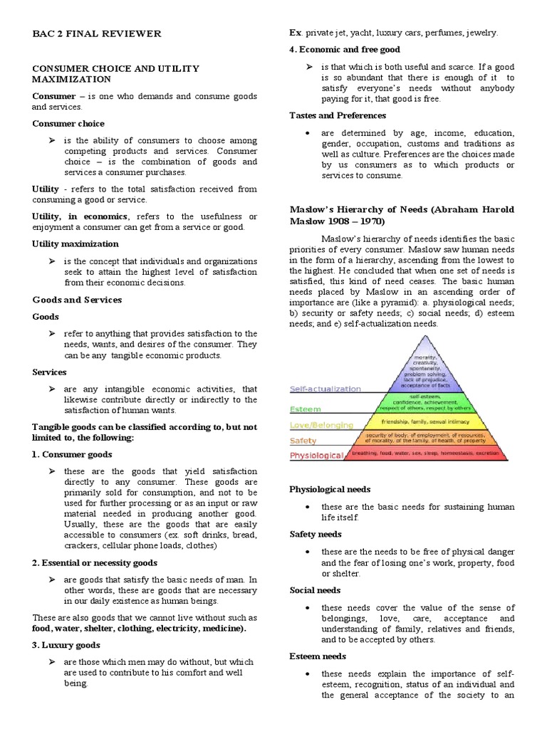 Maximizing Consumer Utility: An Analysis of Consumer Choice Theory and Maslow's Hierarchy of ...