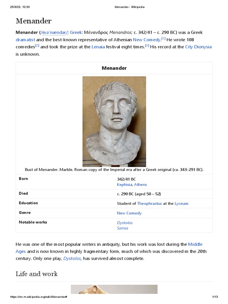 A Brief Biography of the Renowned Greek Comic Playwright Menander | PDF