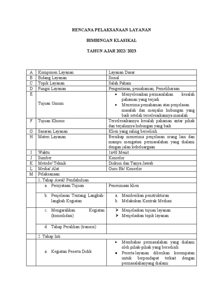Rencana Pelaksanaan Layanan Bimbingan Klasikal TAHUN AJAR 2022/ 2023 ...