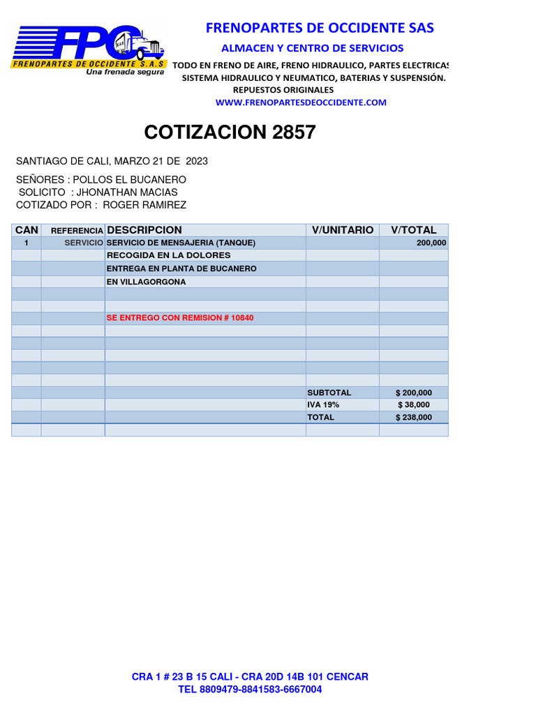 Cotizacion 2857 Servicio de Mensajeria | PDF