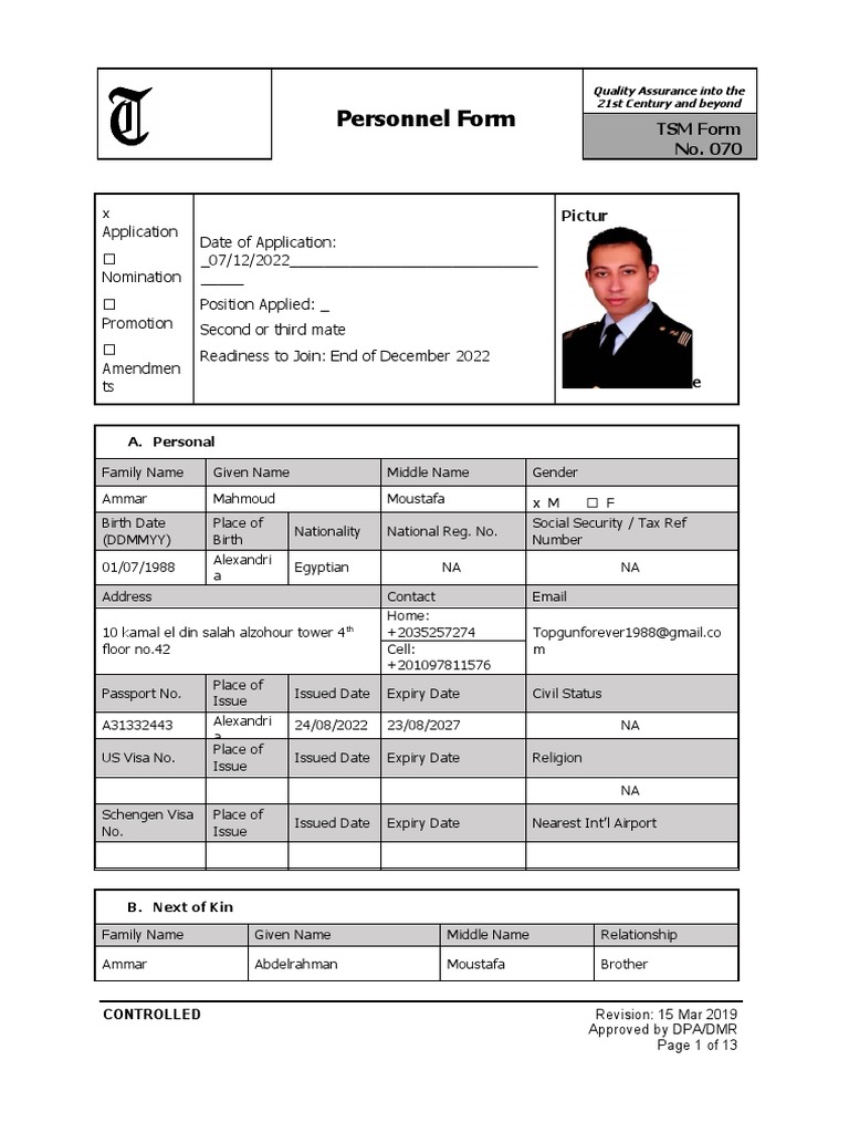 TSM Personnel Application Form 070 | PDF | Ships | Asphalt