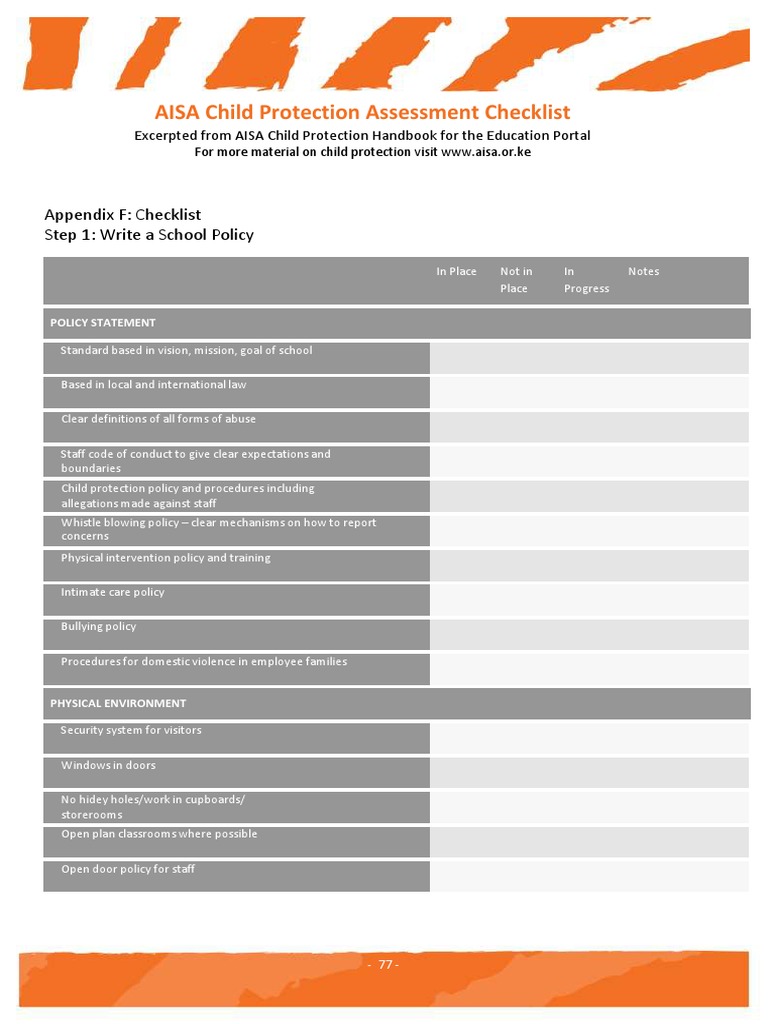 Child Protection Policy Checklist | PDF | Child Abuse | Child Sexual Abuse