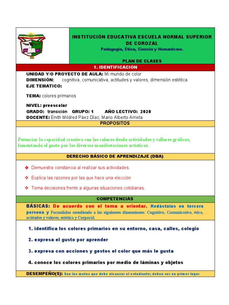PLAN DE CLASES TRANSICION 4 | PDF | Color | Aprendizaje