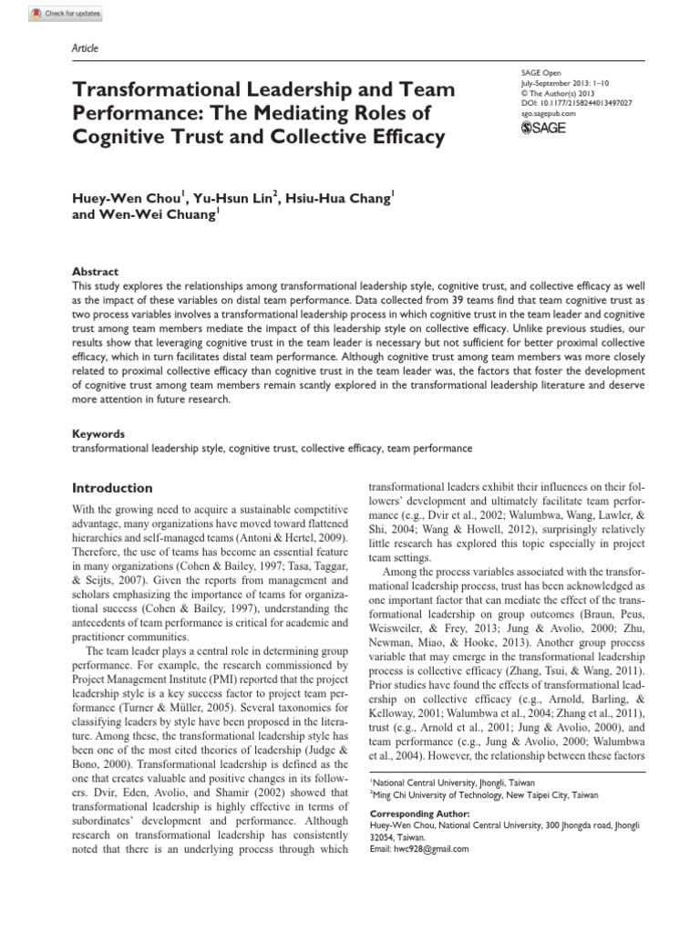 Transformational Leadership and Team Performance | PDF | Leadership | Cronbach's Alpha