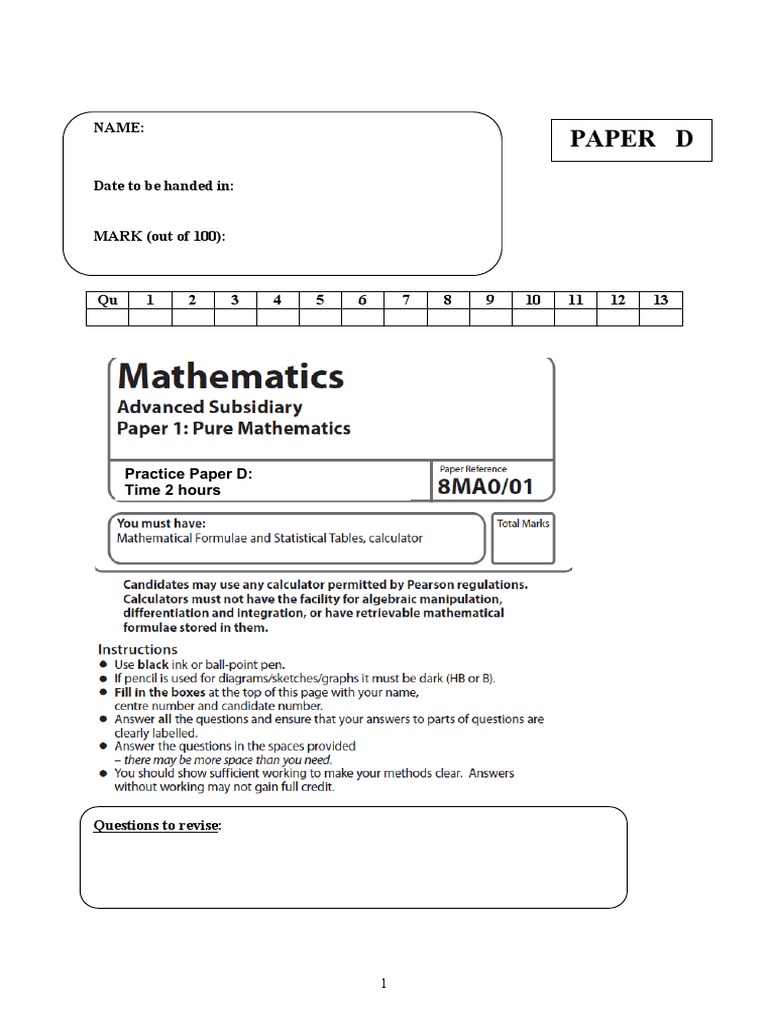 07 AS Pure Mathematics Practice Paper D | Download Free PDF | Equations ...
