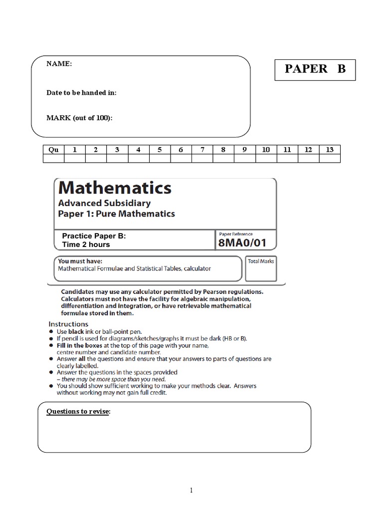 Practice Paper B: Math Exam Questions | PDF