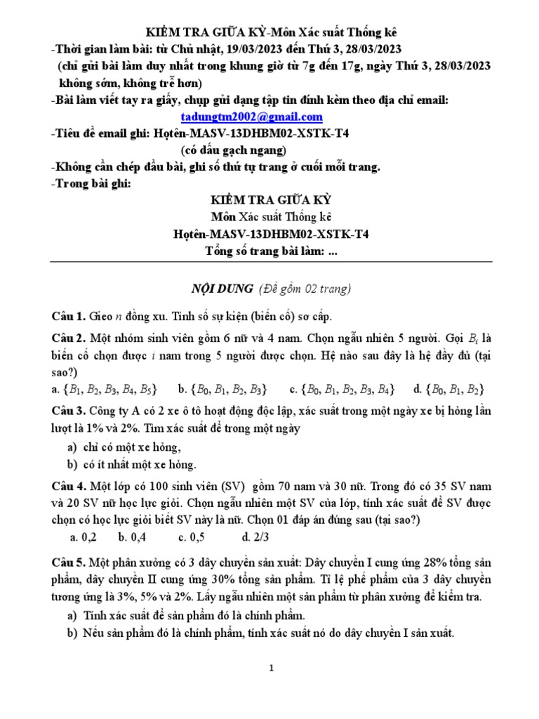 Đề kiểm tra XSTK gửi SV - T4 - 19-03-23 | PDF