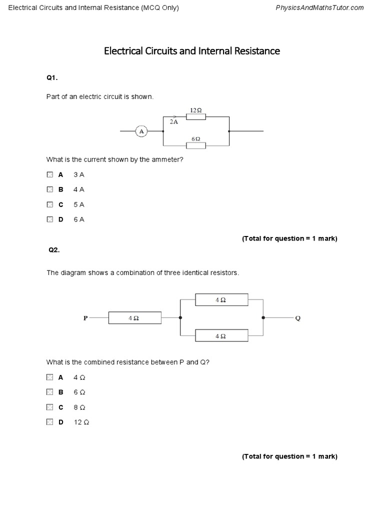 Electrical Circuits and Internal Resistance (MCQ Only) | PDF ...