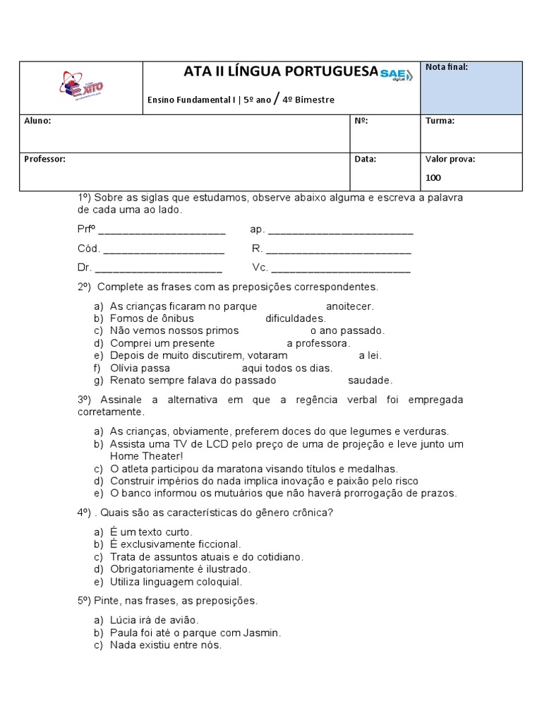 Ata Ii Língua Portuguesa 5ºano Iv Bimestre | PDF