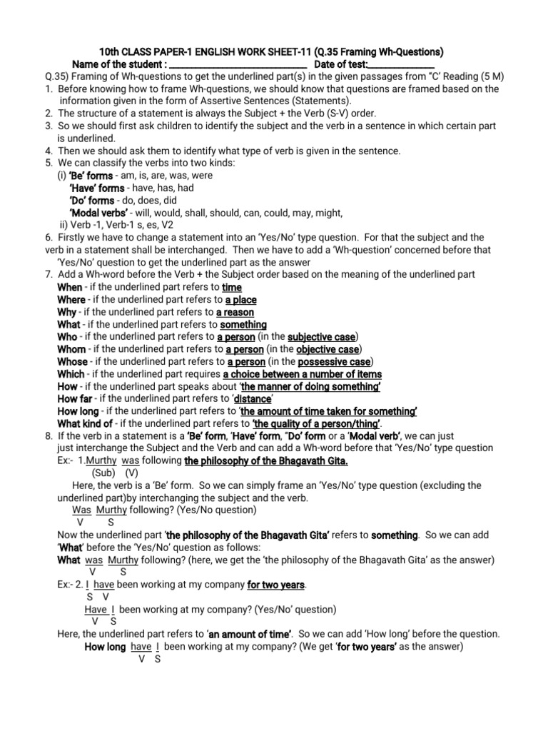 10th CLASS PAPER 1 WORK SHEET 11 - Q. 35 Framing of WH-questions-1 PDF ...