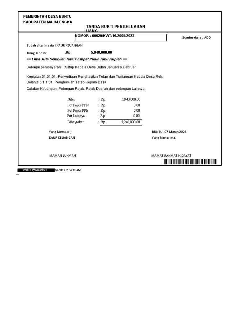 Bukti Pengeluaran Siltap Kepala Desa | PDF
