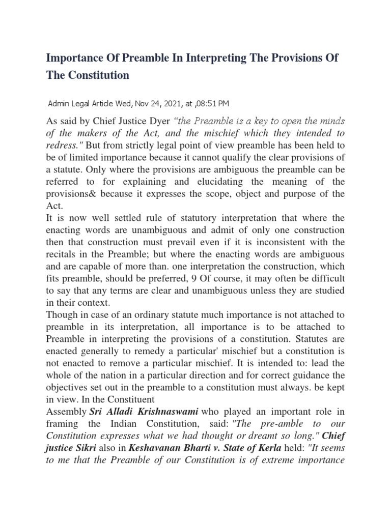 Importance of Preamble in Interpretation of Statute | PDF | Statutory ...