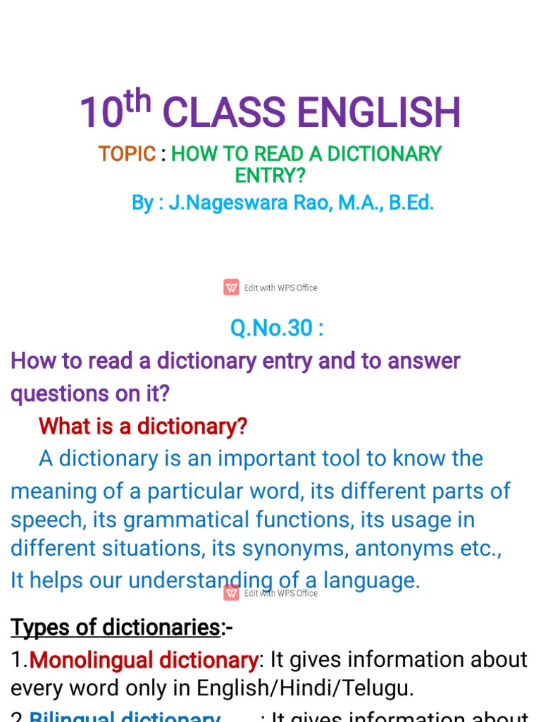 Understanding Dictionary Entries for 10th Class | PDF | English ...