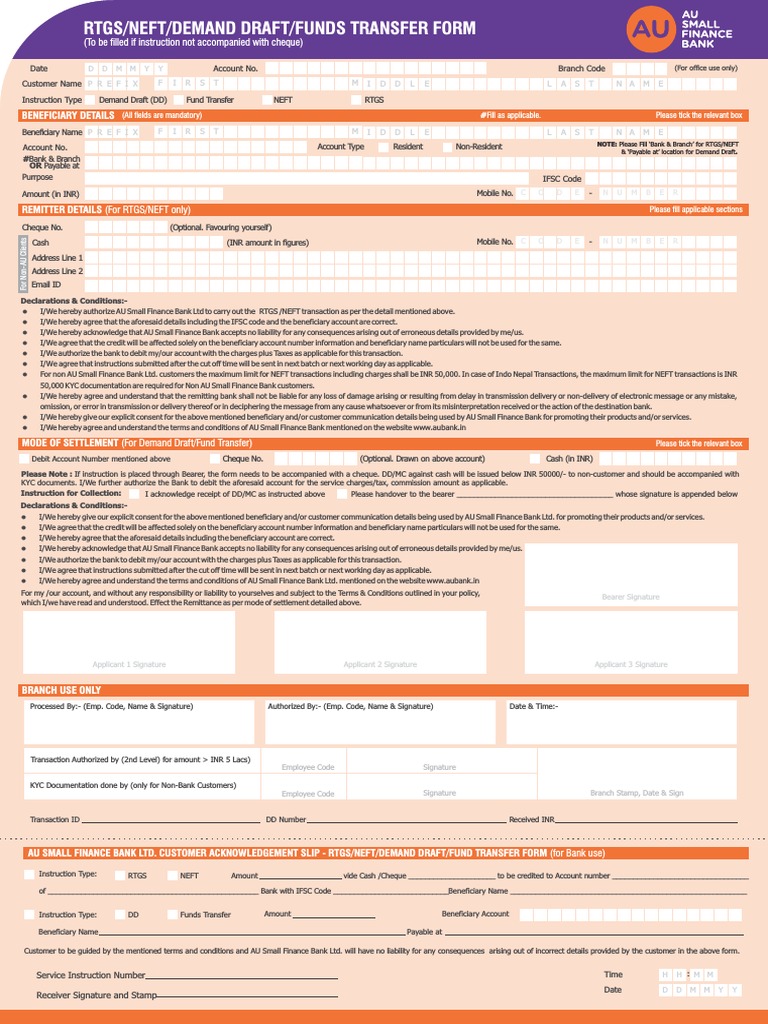AU Small Finance RTGS NEFT DD FT FORM | PDF | Banks | Cheque