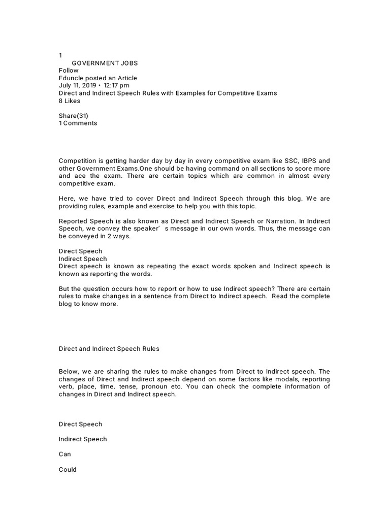 Direct and Indirect Speech Rules | PDF