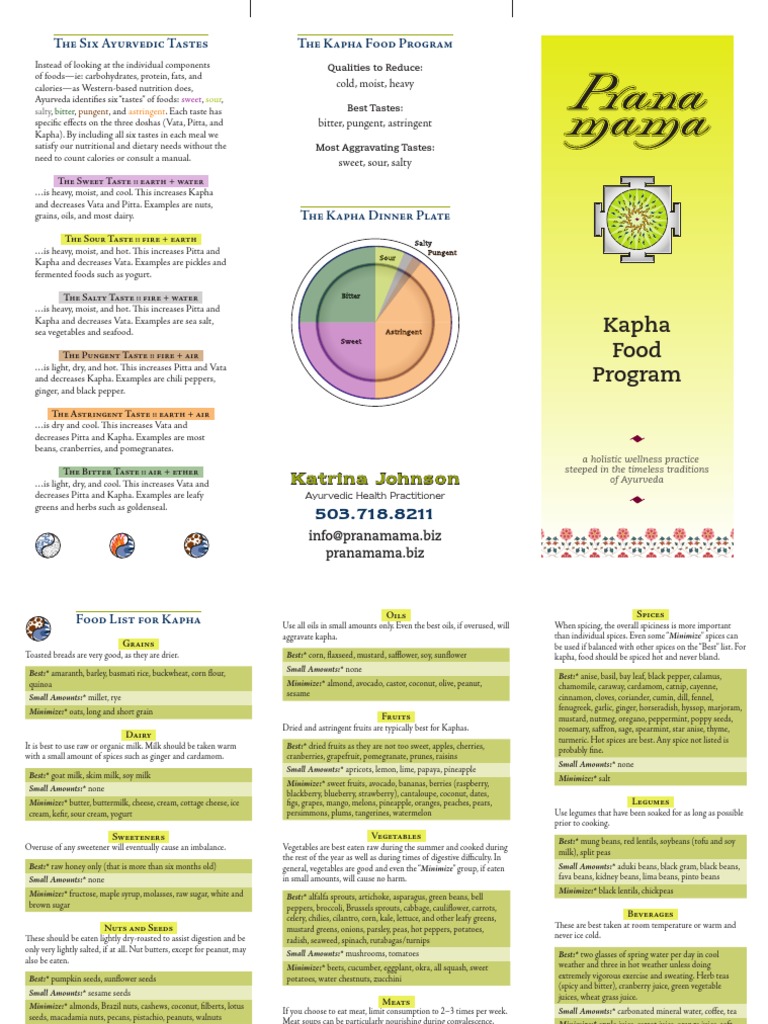 PranaMAMA Food Brochure Kapha 3 Fold | PDF | Ayurveda | Taste